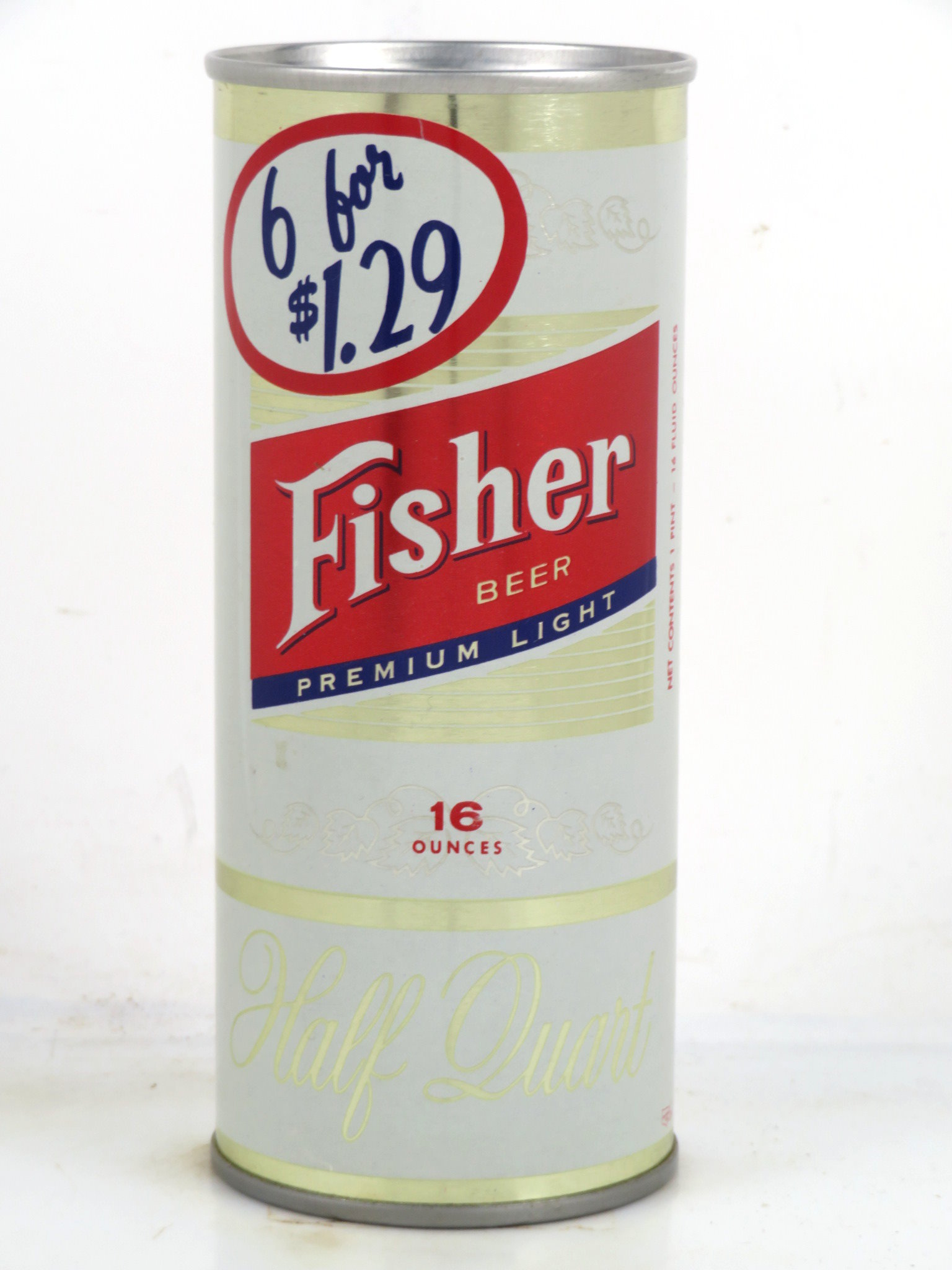 Item #243 1969 Fisher Beer 6 for $1.29 Tab Top Can T152-29