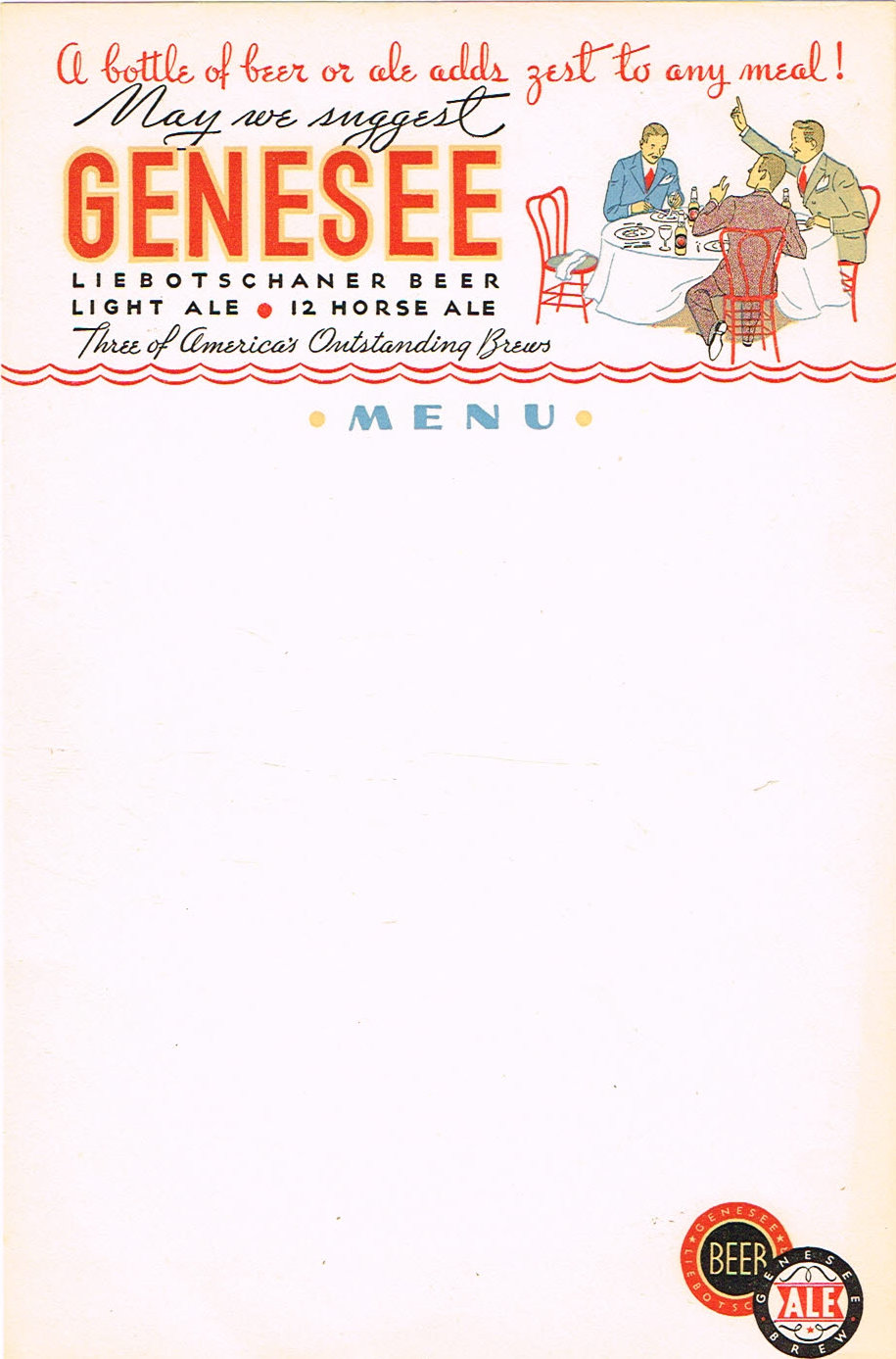 Item #91835 1935 Genesee Lager Beer Menu Sheet