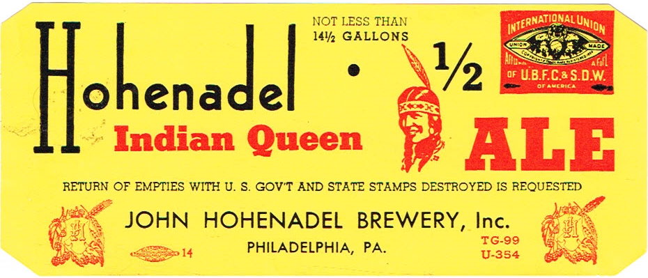 Item #92814 1935 Hohenadel Indian Queen Ale Label PA76-01a