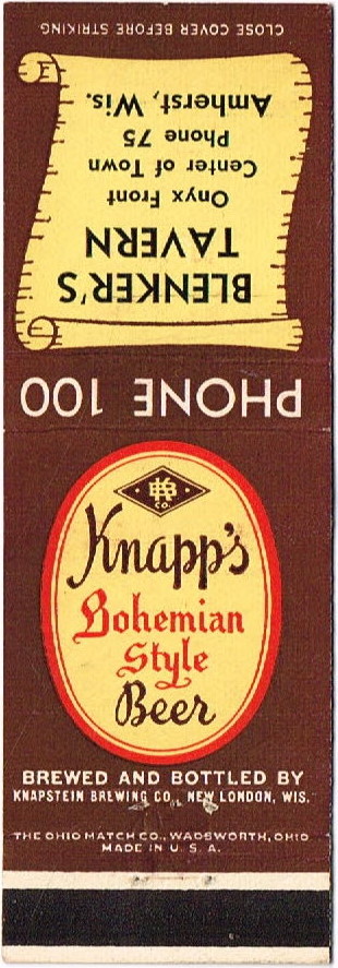 Item #112475 1952 Knapp's Bohemian Style Beer Dupe Matchcover WI-KNAP ...
