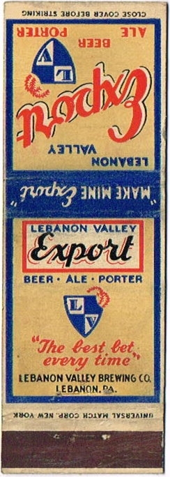 Item #9792 1934 Lebanon Valley Export Beer Matchcover PA-LV-1