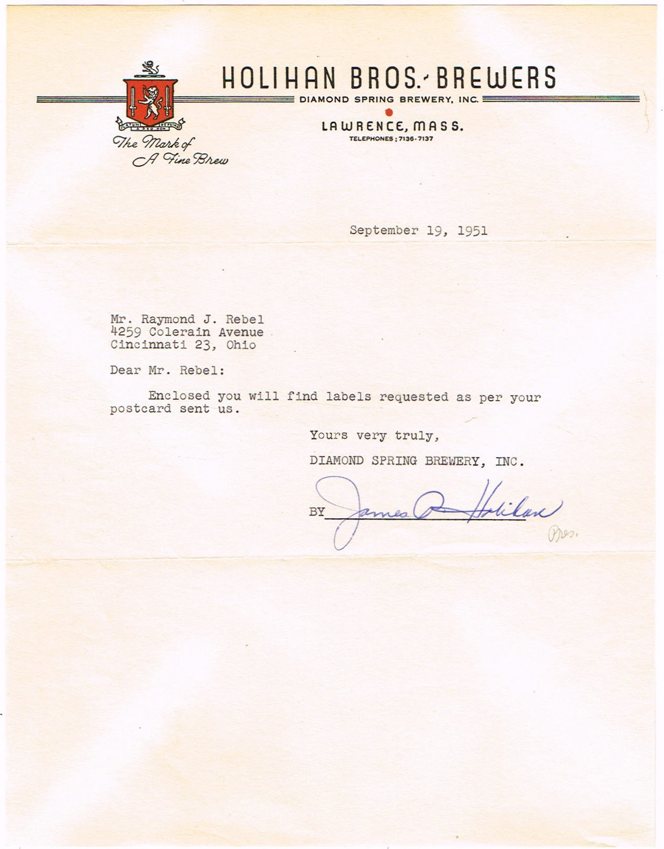 Item #91916 1951 Letterhead: President's signature Letterhead
