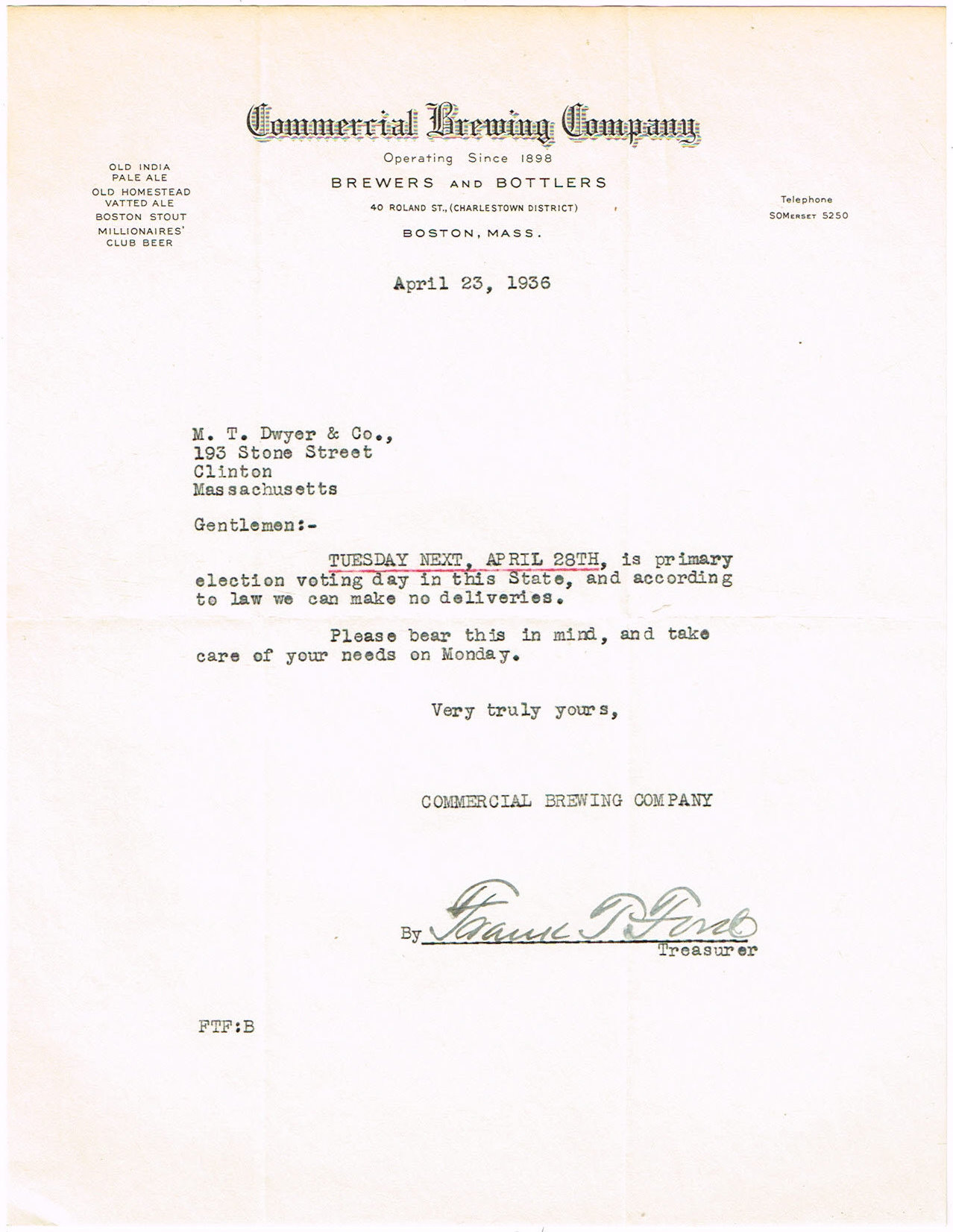 Item #91925 1936 Letterhead: Treasurer's signature Letterhead