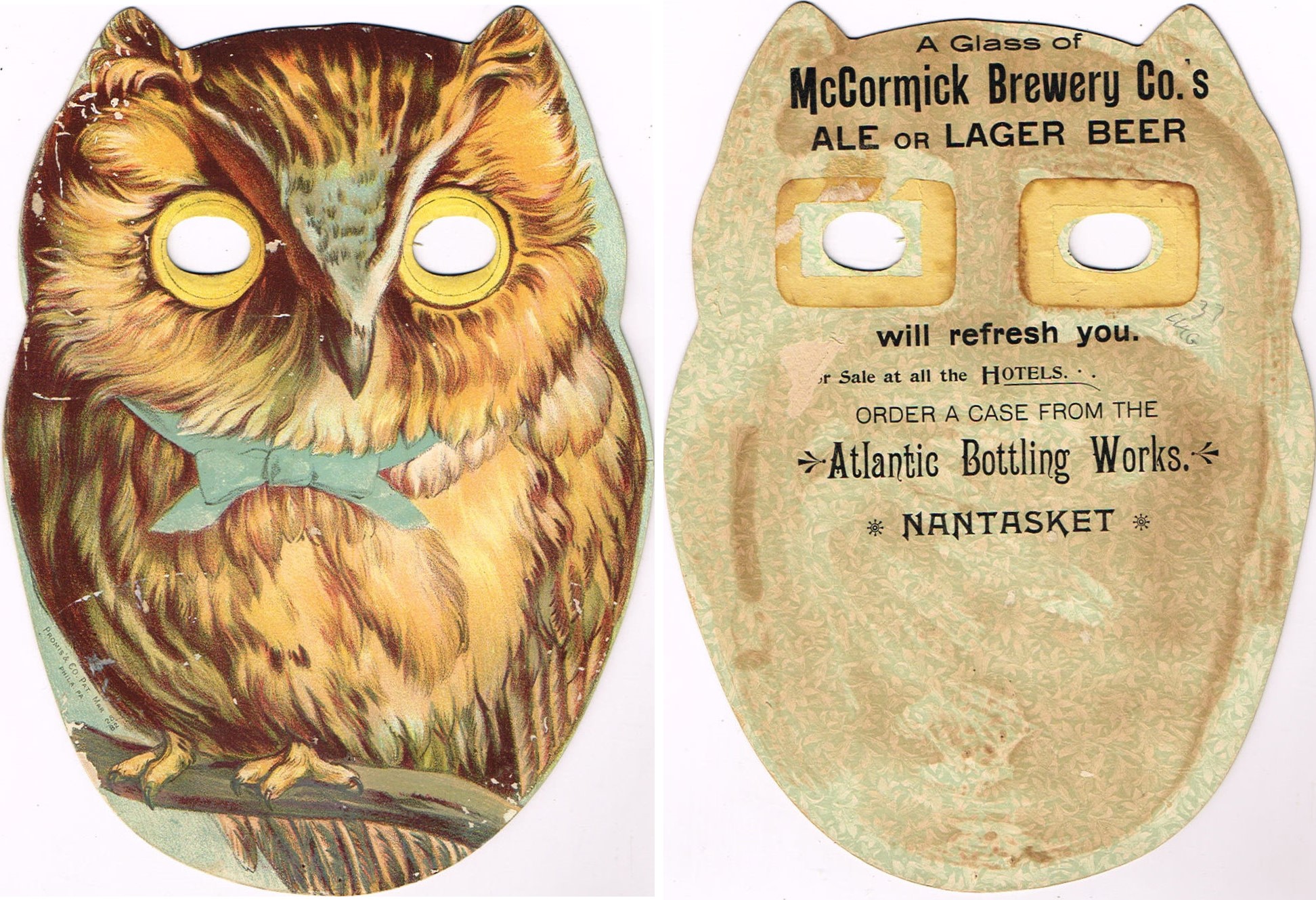 Item #90724 1887 McCormick Ale and Lager Beer Owl Mask Sign