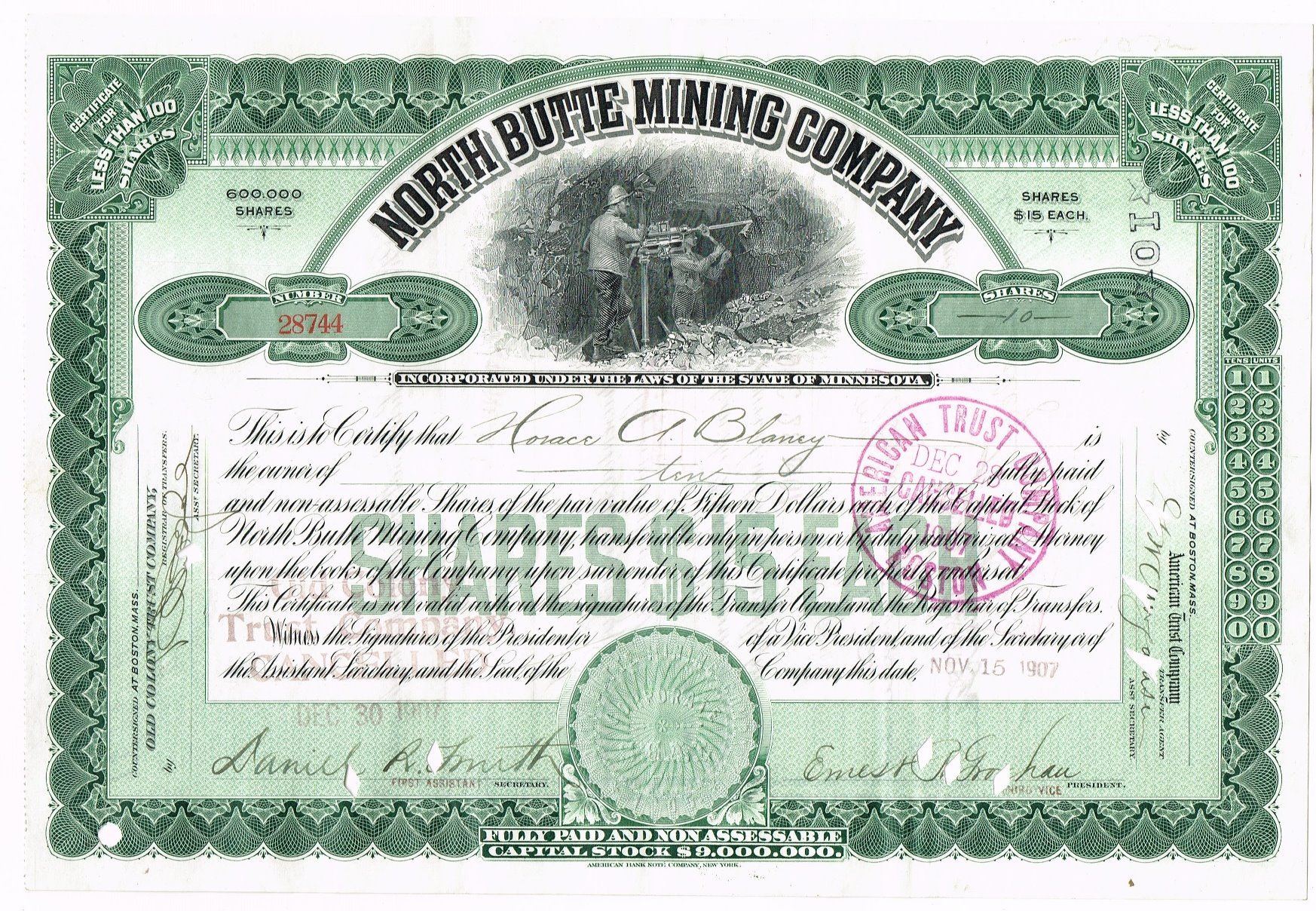 Item #104328 1907 North Butte Mining Co. of Minnesota Stock Certificate