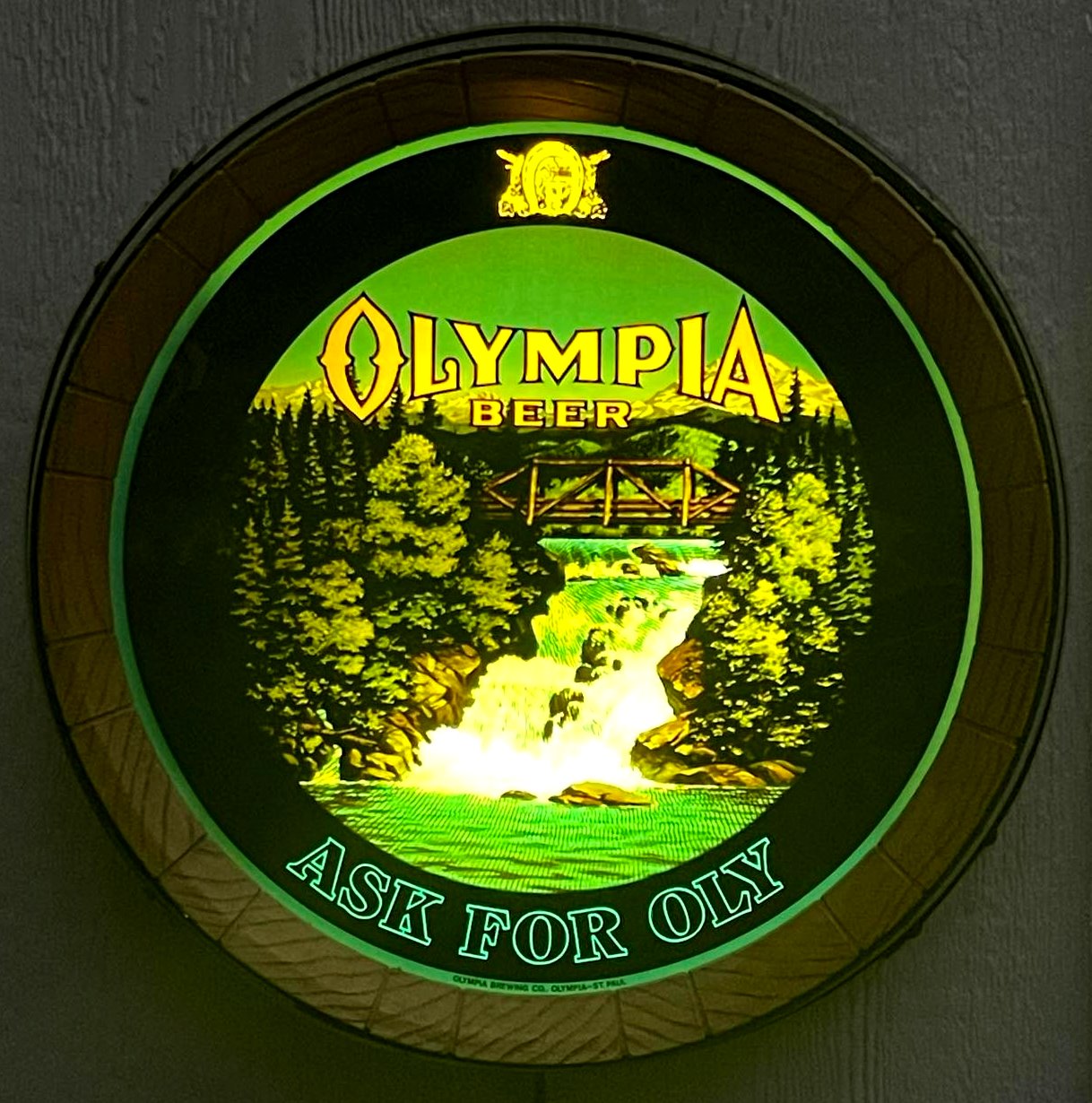 Item #98203 1978 Olympia Beer Barrel-End Waterfall Sign