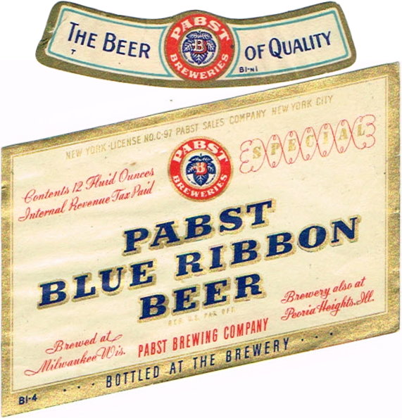Item #91139 1938 Pabst Blue Ribbon Beer (NY Sales Office) Label WI286-112