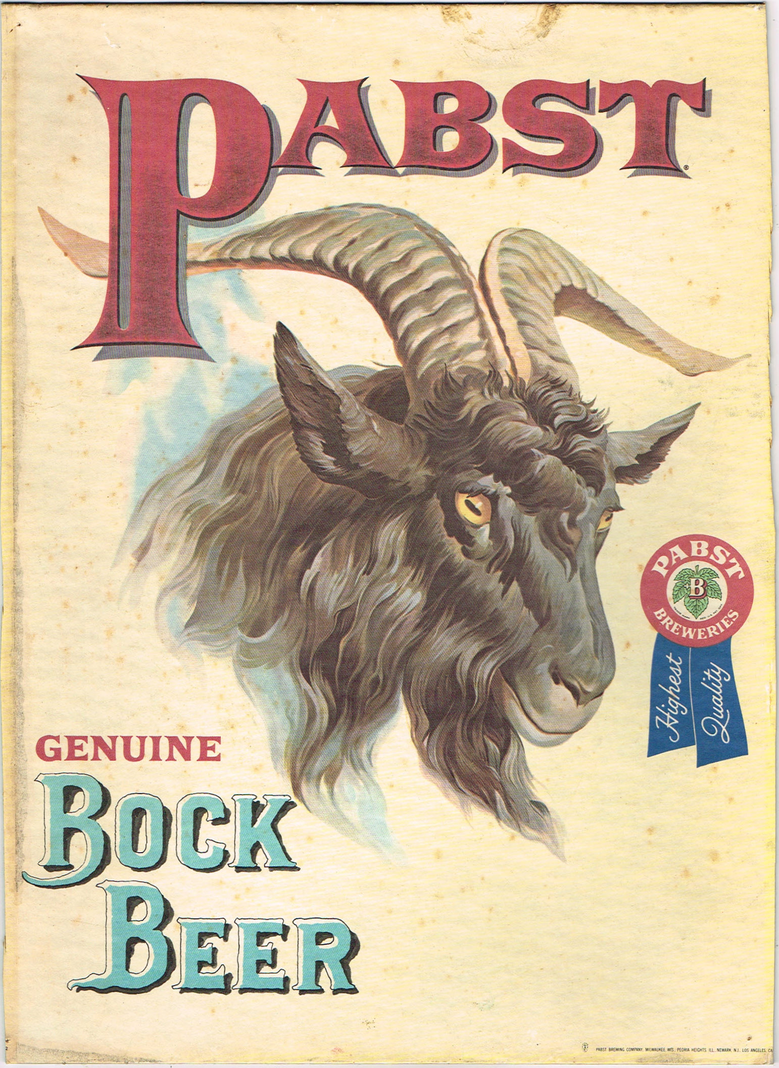 Item #98440 1957 Pabst Bock Beer (4-city) Easel-Back Sign