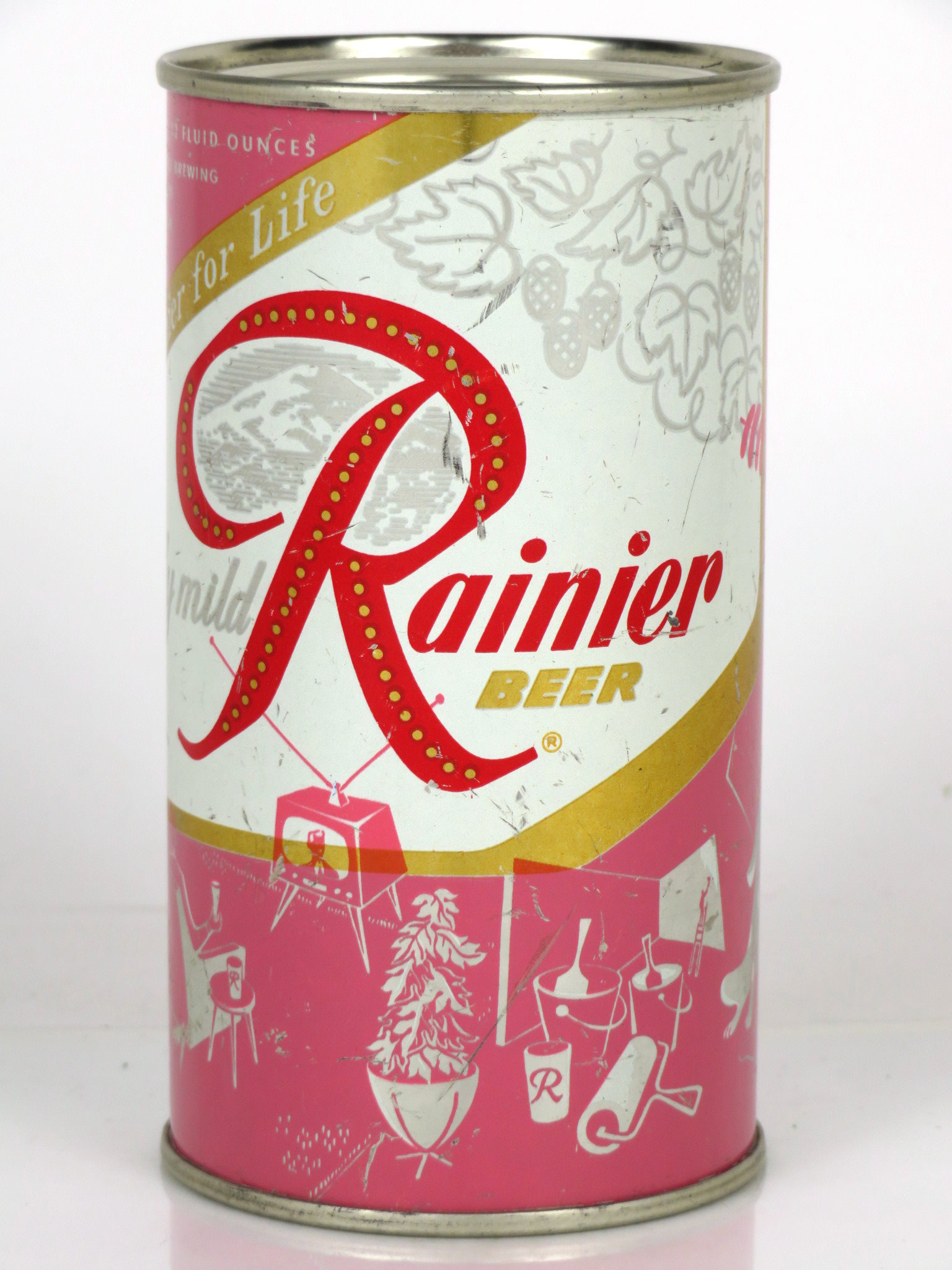 Item #94890 1956 Rainier Jubilee Beer (Cranberry) Flat Top Can TV/Barbeque