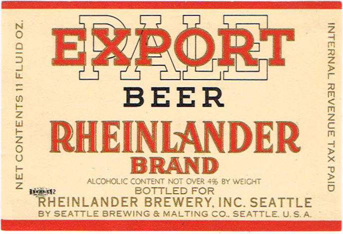 Item #4741 1938 Rheinlander Export Beer Label WS116-20