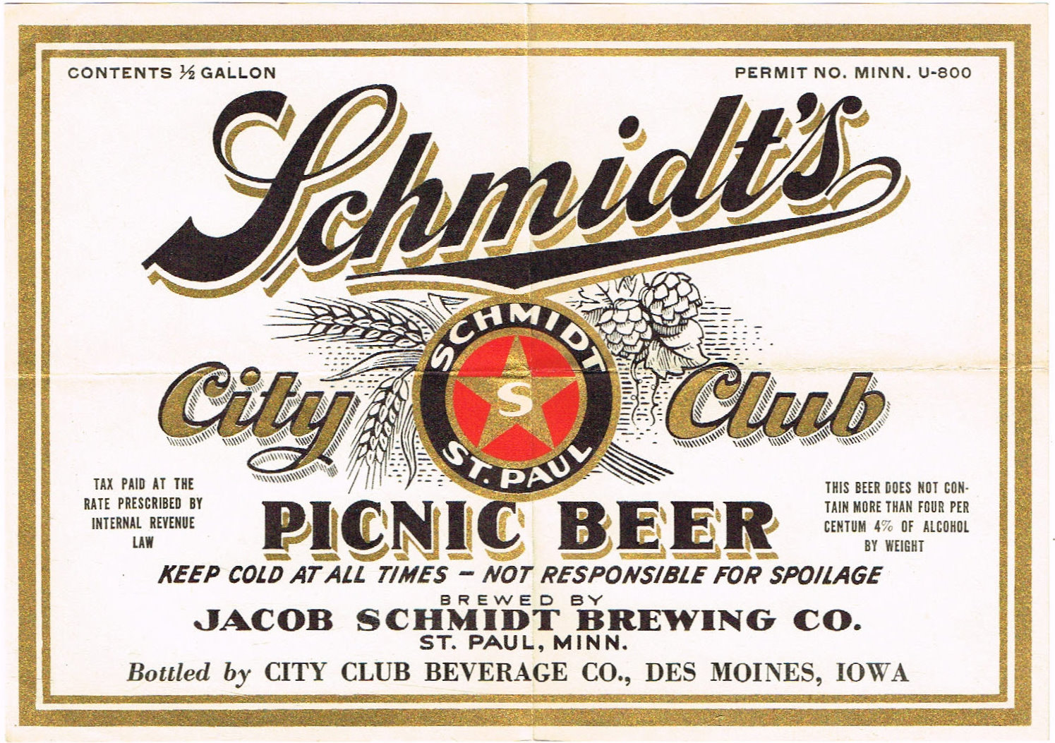 Item #100440 1939 Schmidt's City Club Beer Label CS102-07v1