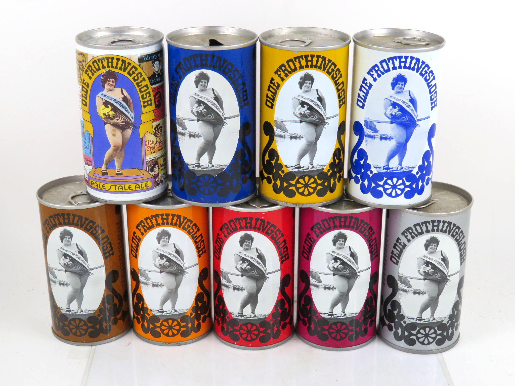 Item #96808 1977 Set of 9 Olde Frothingslosh Fat Beauty Contest Cans ...