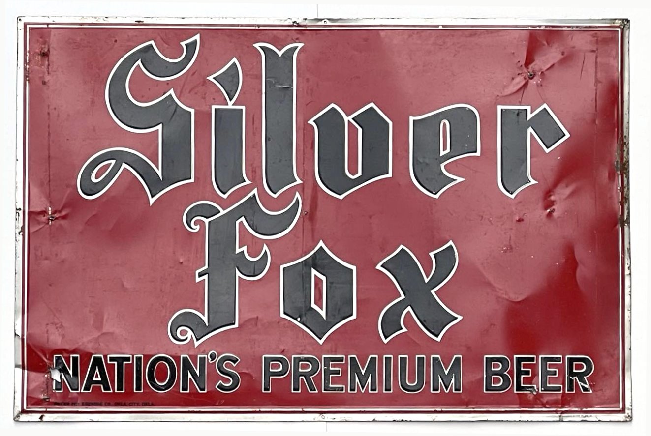 Item #102002 1946 Silver Fox Beer Tin Outdoor Flat Sign