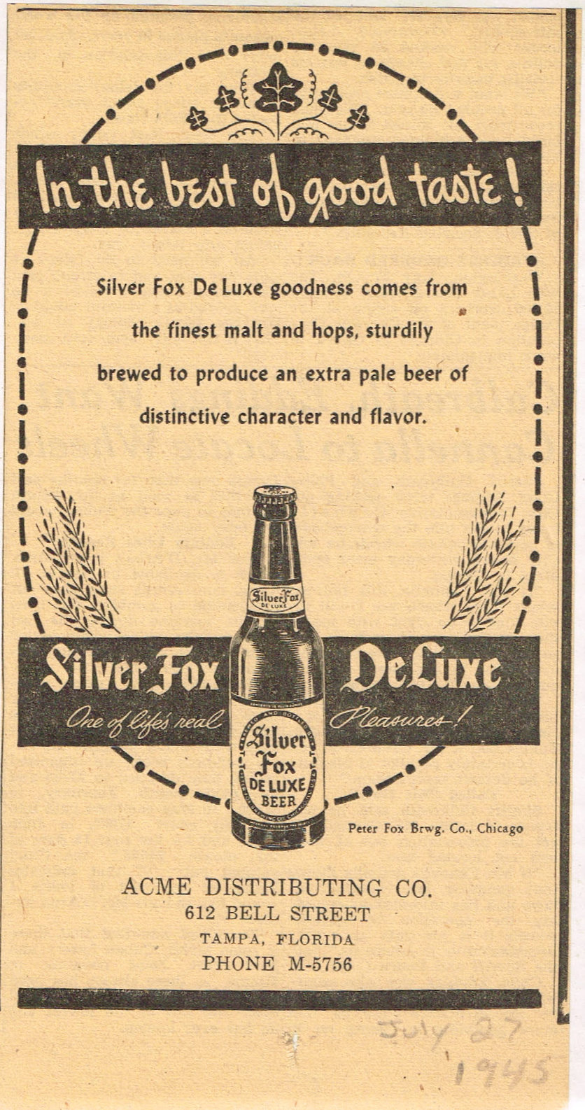 Item #95733 1945 Silver Fox DeLuxe Beer Paper Ad