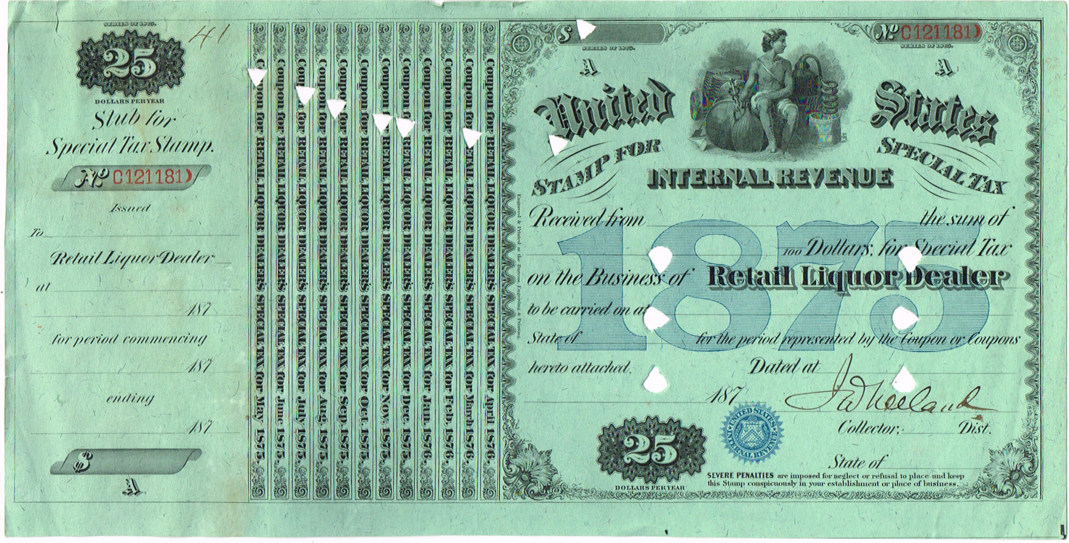 Item #98813 1875 Tax Stamp $25 For Retail Liquor Dealer Letterhead